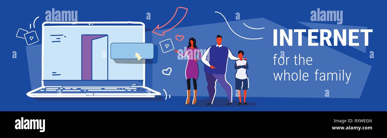 parents and son using laptop computer web browser internet for whole ...