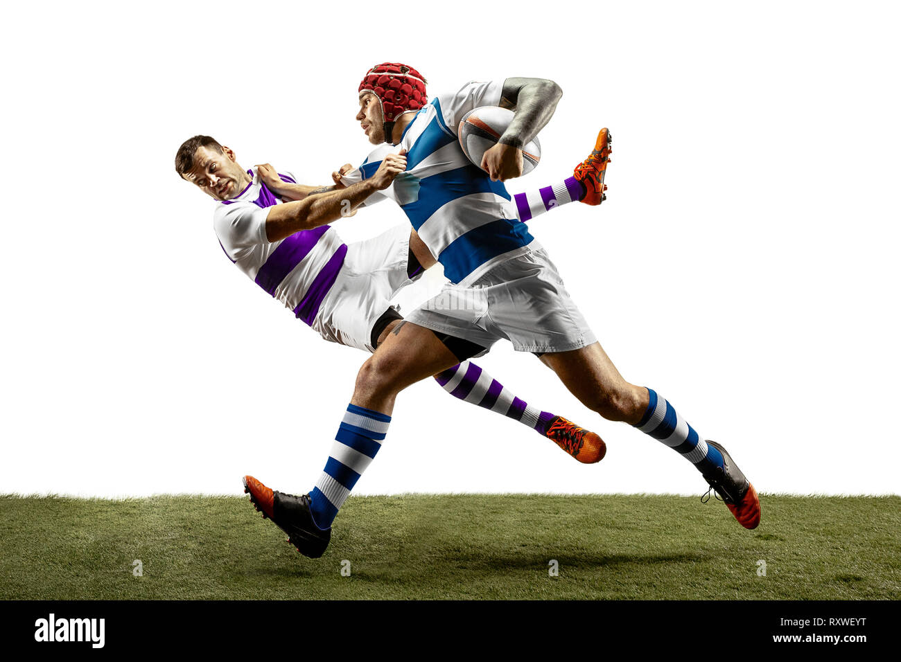 The silhouette of two caucasian rugby male players isolated on white ...