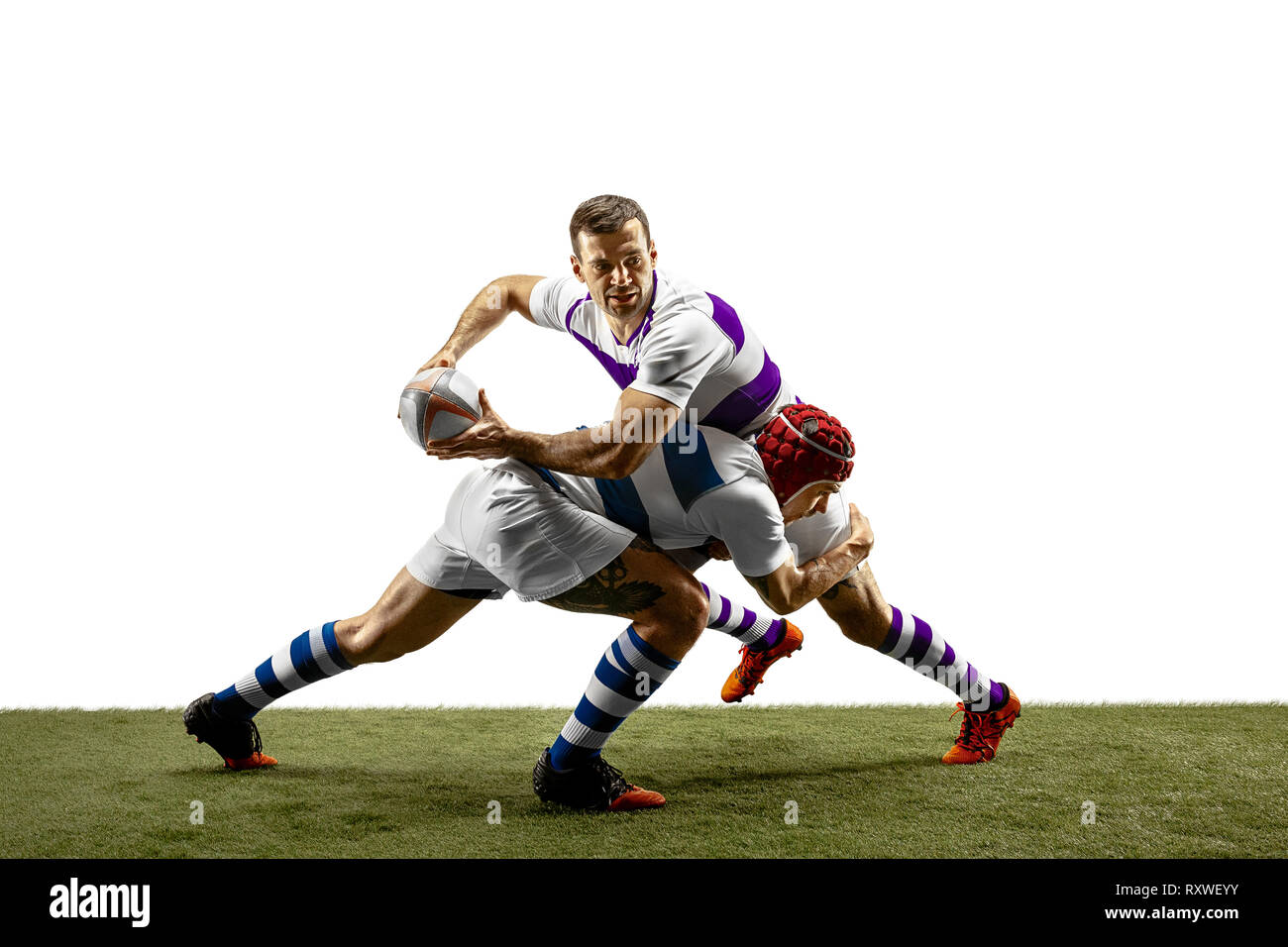 The silhouette of two caucasian rugby male players isolated on white ...