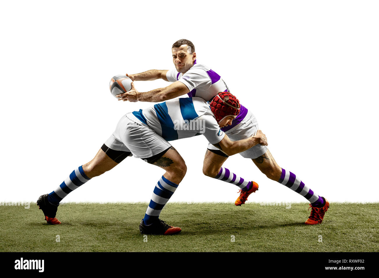 The silhouette of two caucasian rugby male players isolated on white ...