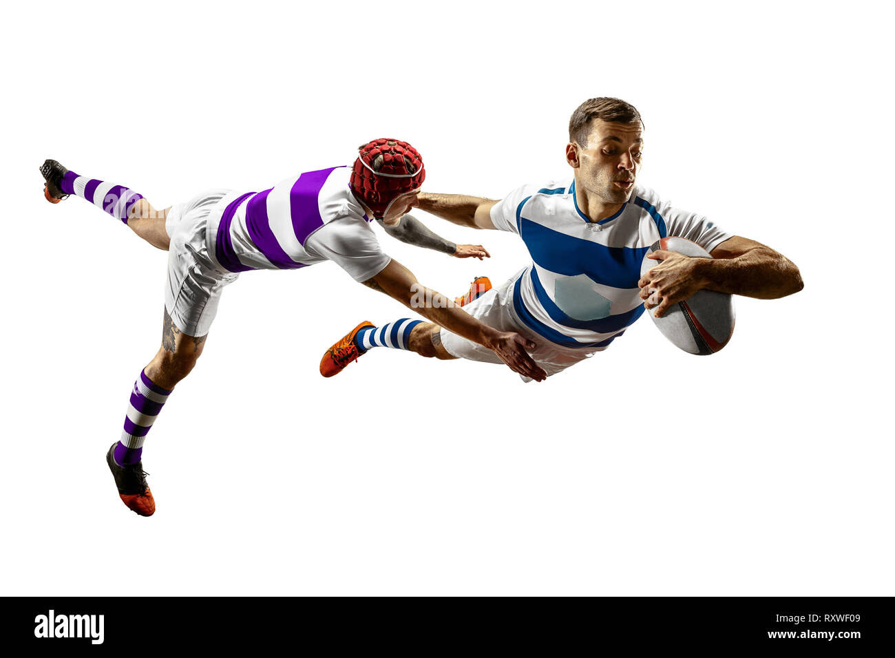 The silhouette of two caucasian rugby male players isolated on white ...