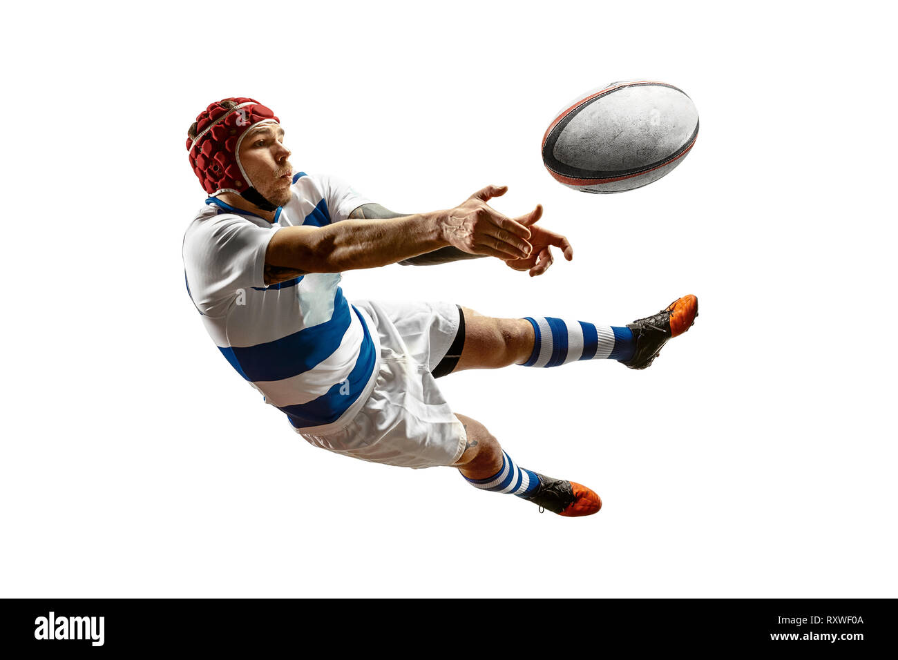 The silhouette of one caucasian rugby male player isolated on white ...