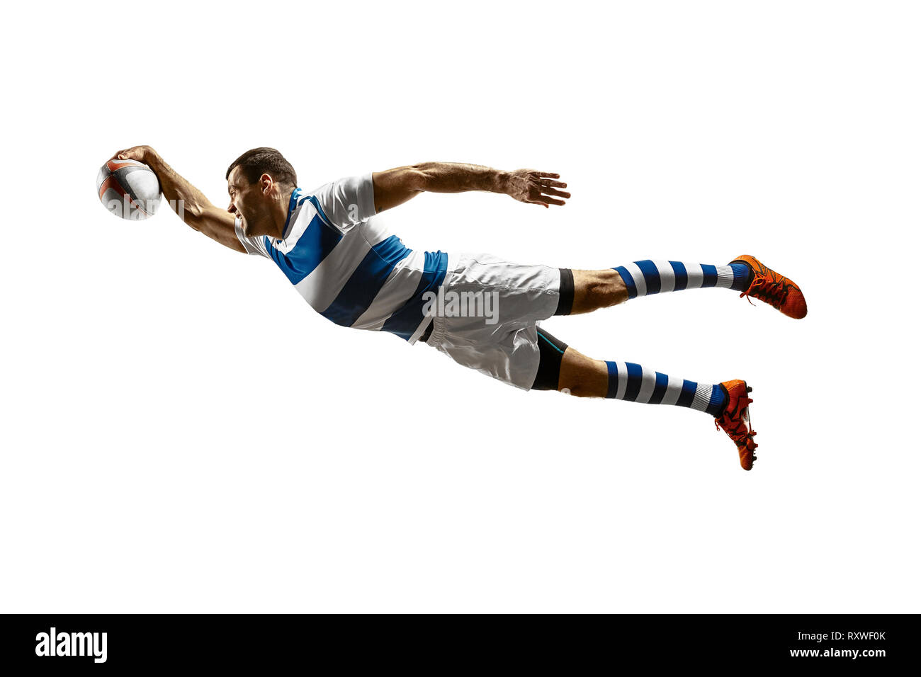 The silhouette of one caucasian rugby male player isolated on white ...