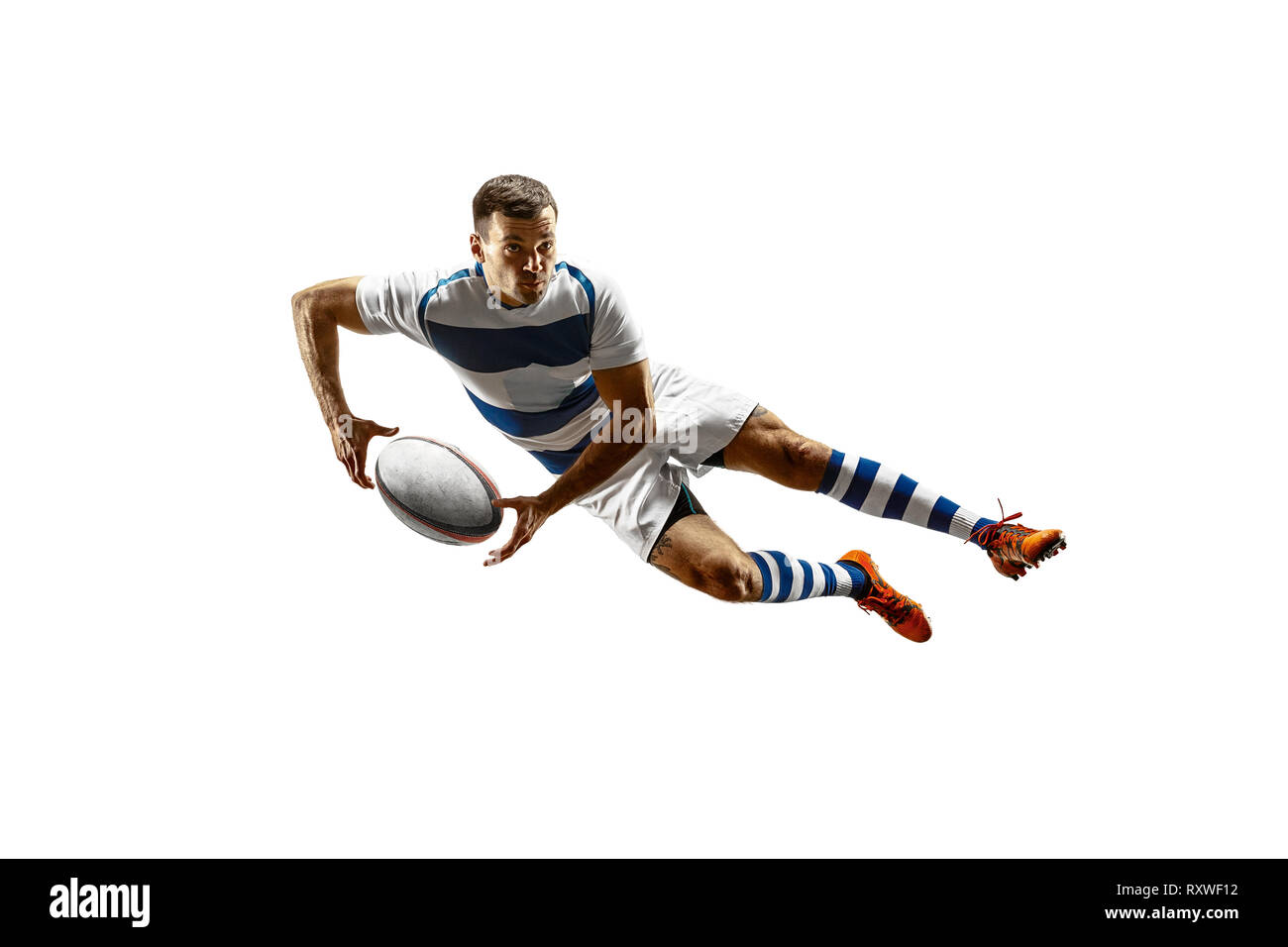 The silhouette of one caucasian rugby male player isolated on white ...