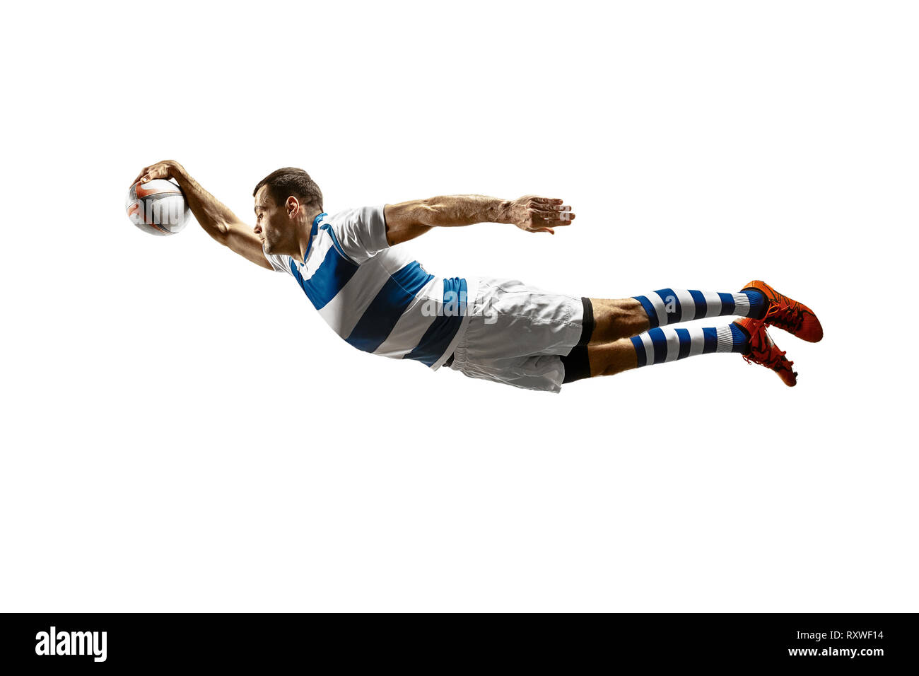 The silhouette of one caucasian rugby male player isolated on white ...