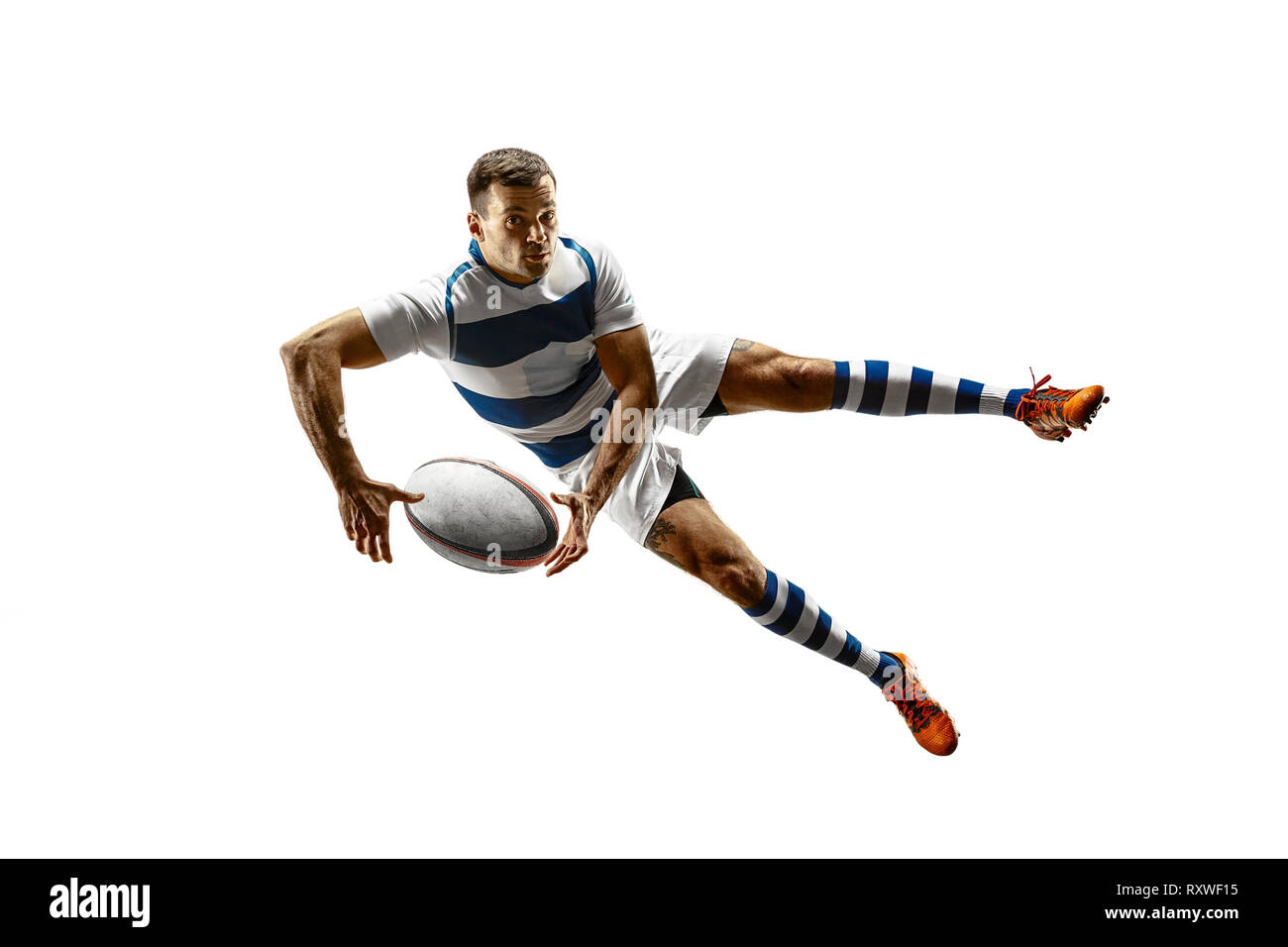 The silhouette of one caucasian rugby male player isolated on white ...