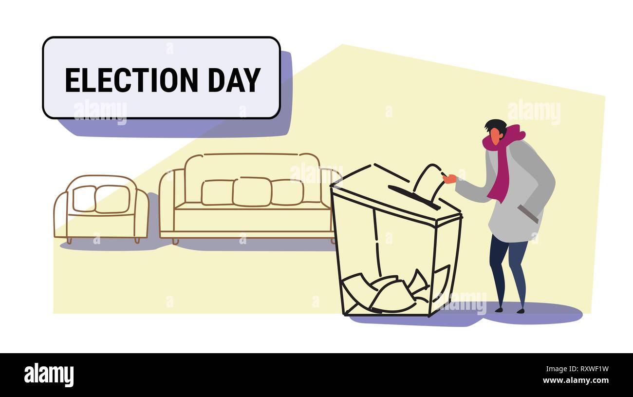 election day concept casual man voter putting paper ballot list in box ...