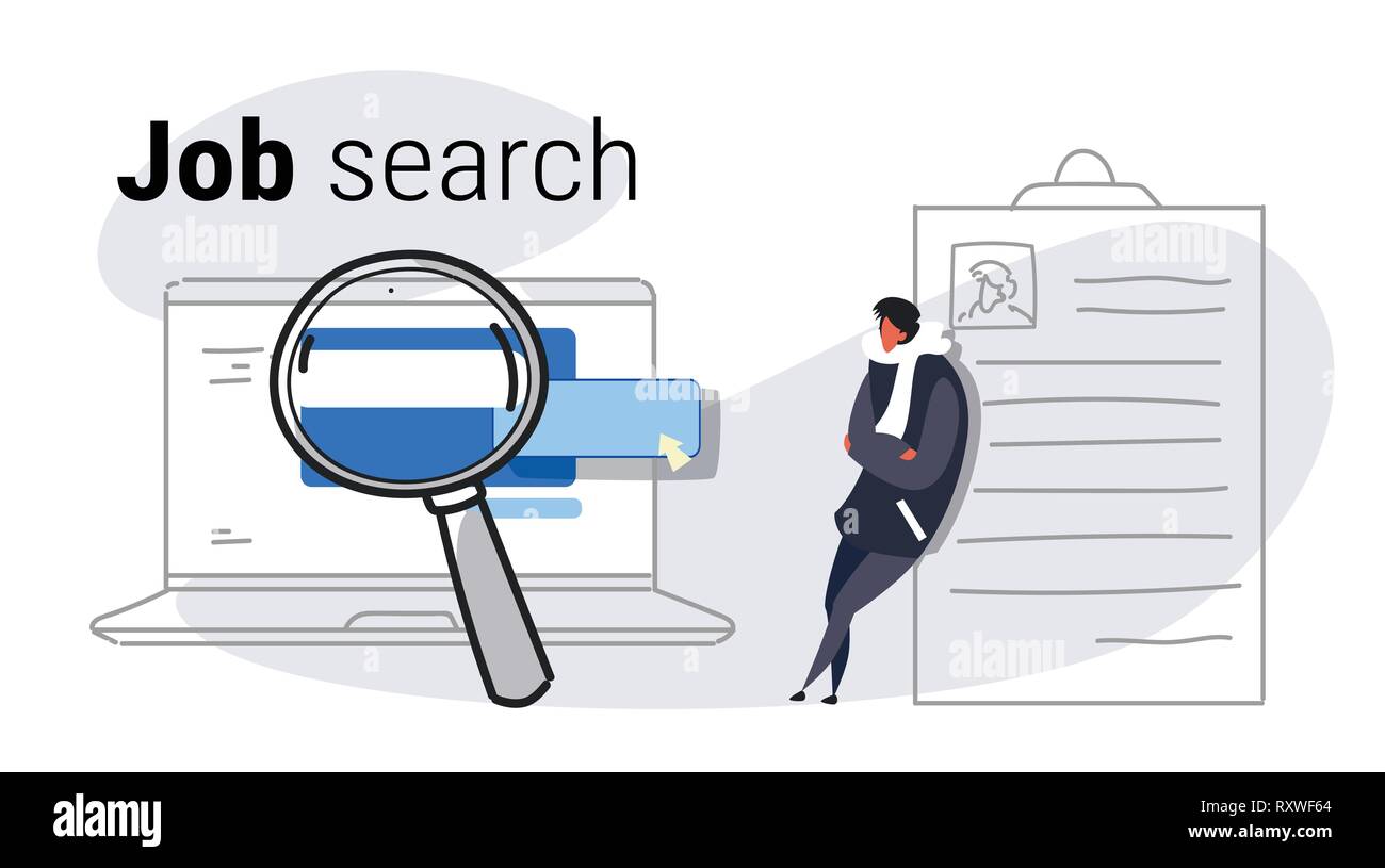 male job applicant leaning on resume using online computer application ...