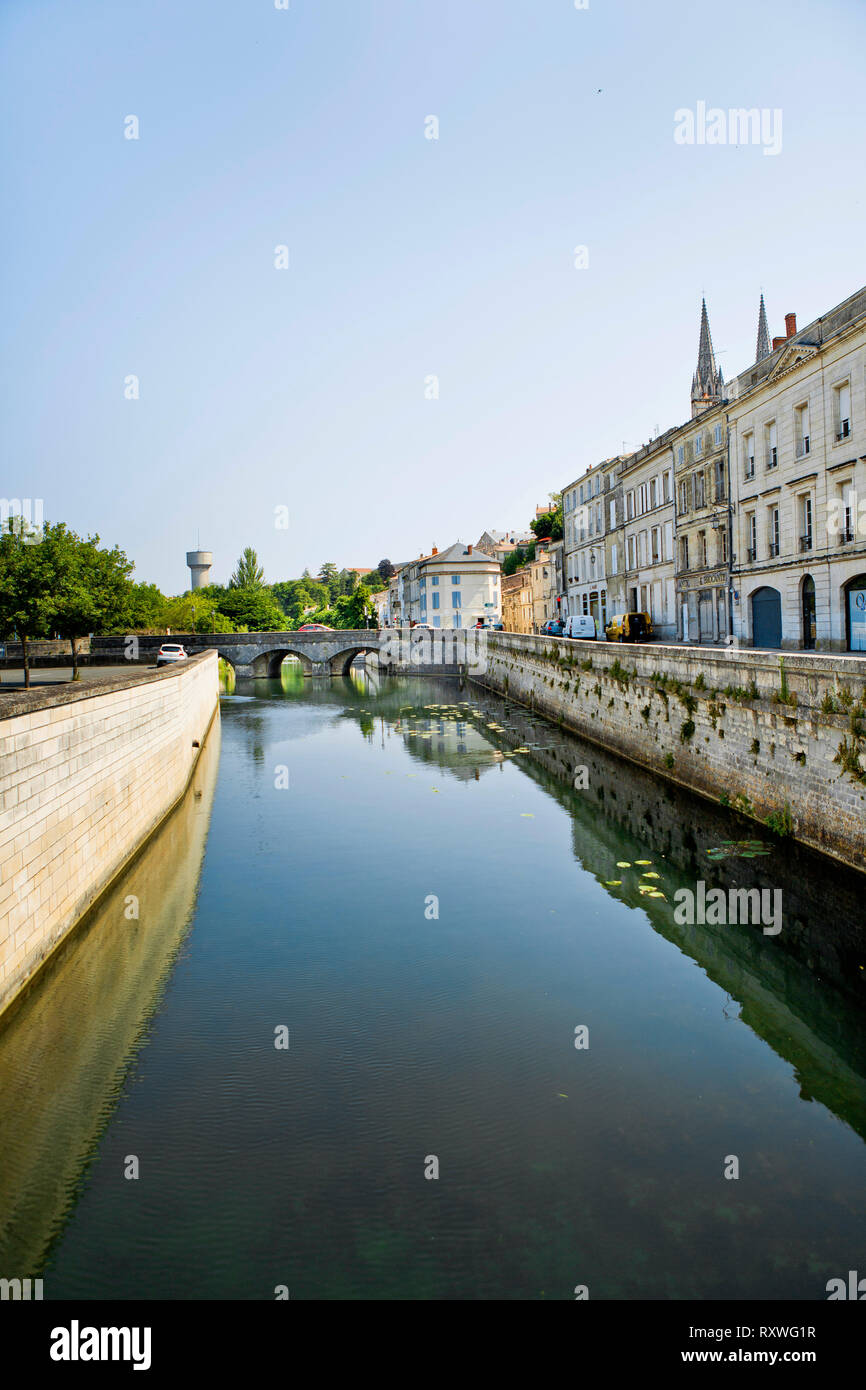 Niort (central-western France): building facades along the banks of the ...