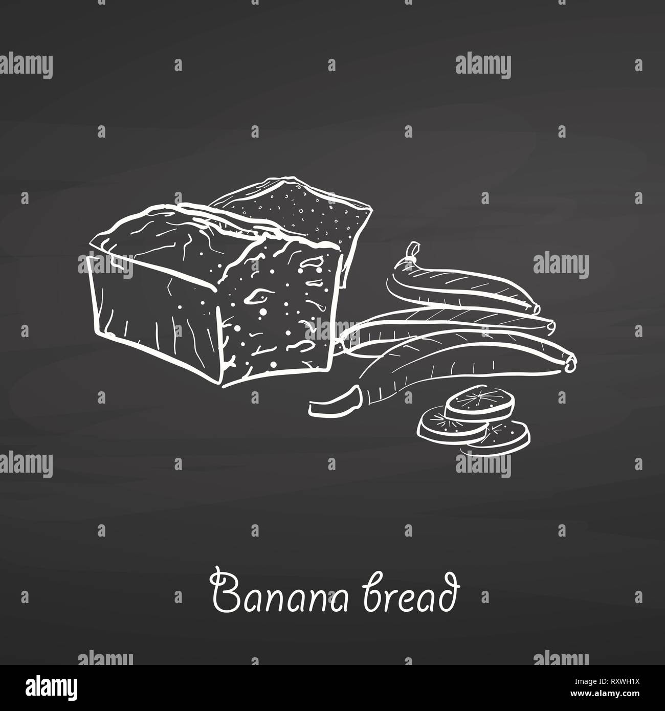 Banana bread food sketch on chalkboard. Vector drawing of Sweet bread ...
