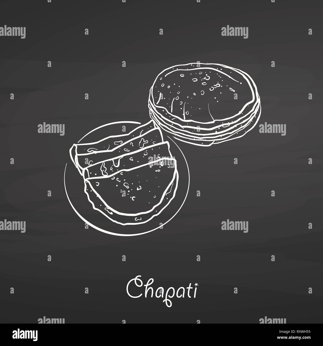 Chapati food sketch on chalkboard. Vector drawing of Flatbread, usually ...