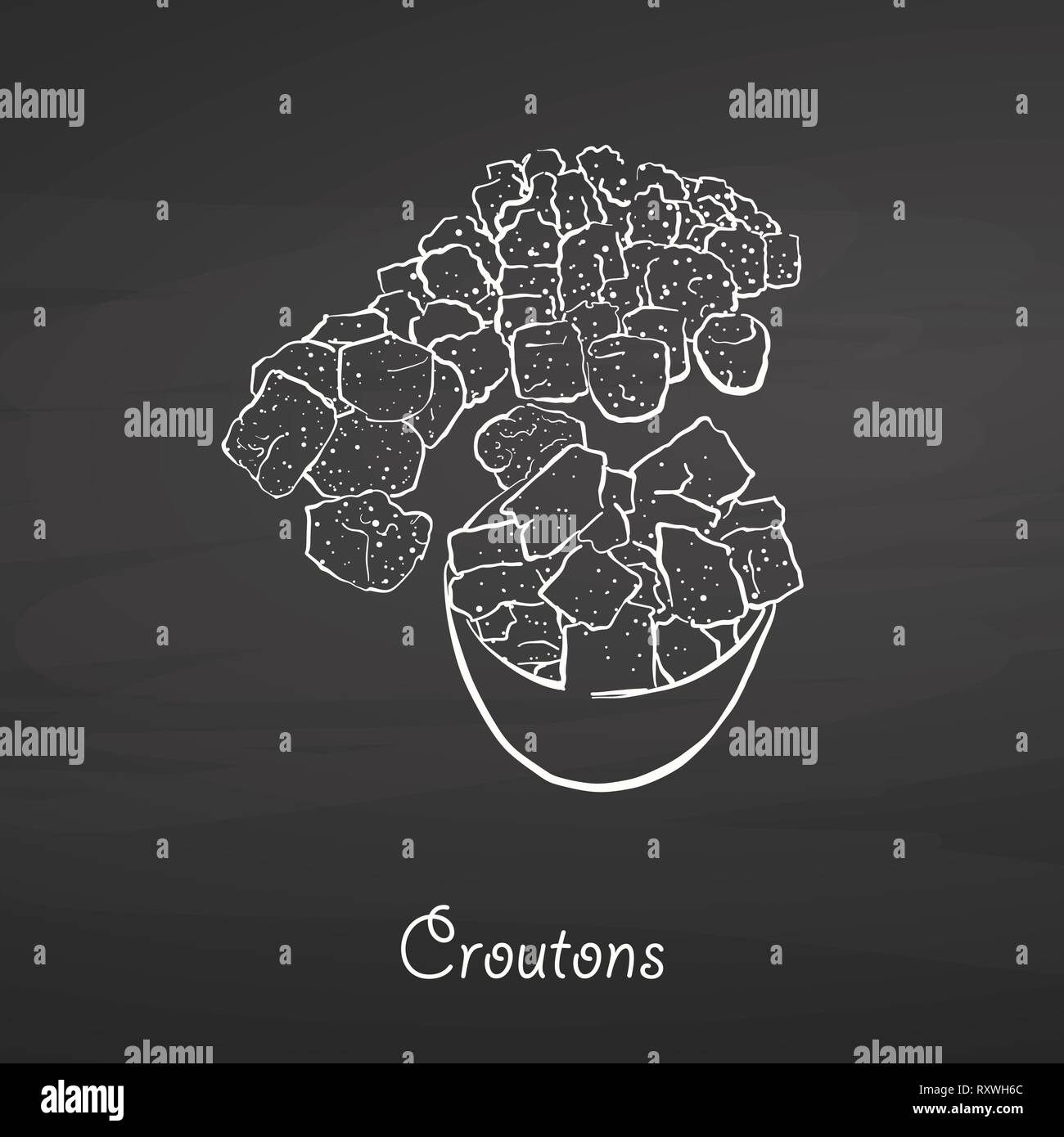 Croutons food sketch on chalkboard. Vector drawing of Crispy bread ...