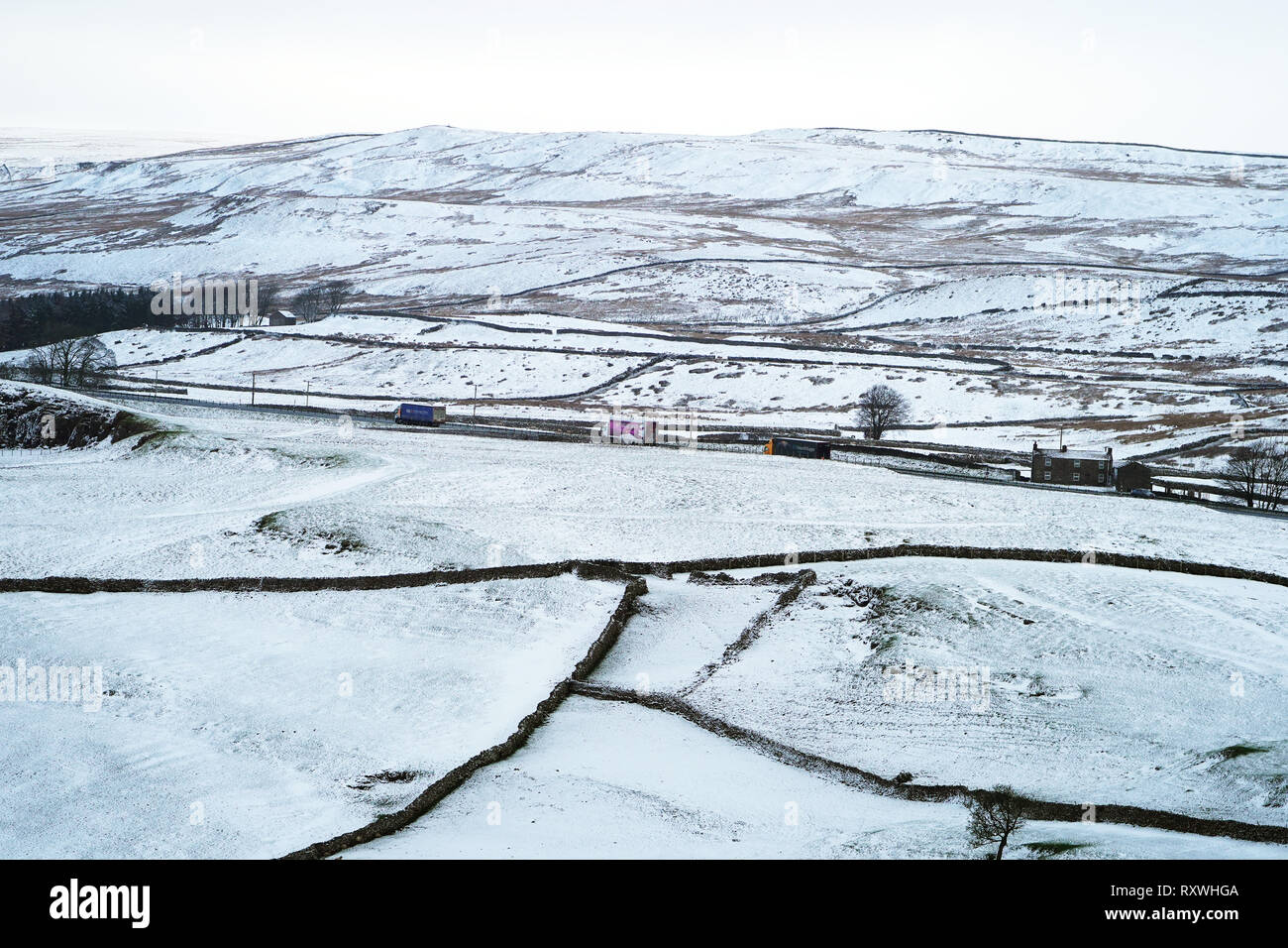 Snow on the a66 on the cumbria and durham border hi-res stock ...