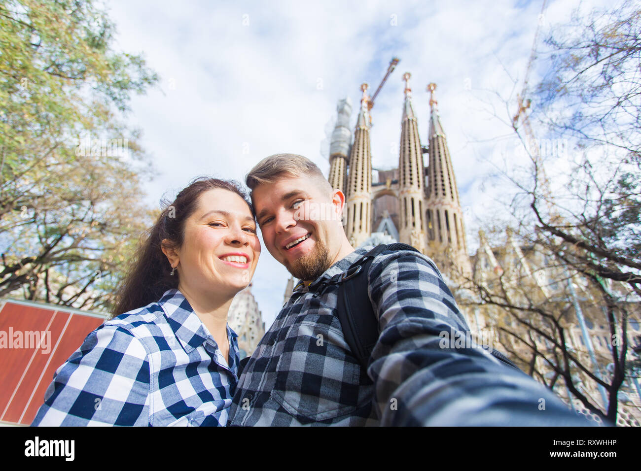 BARCELONA, SPAIN - FEBRUARY 6, 2018: Happy couple making selfie photo ...