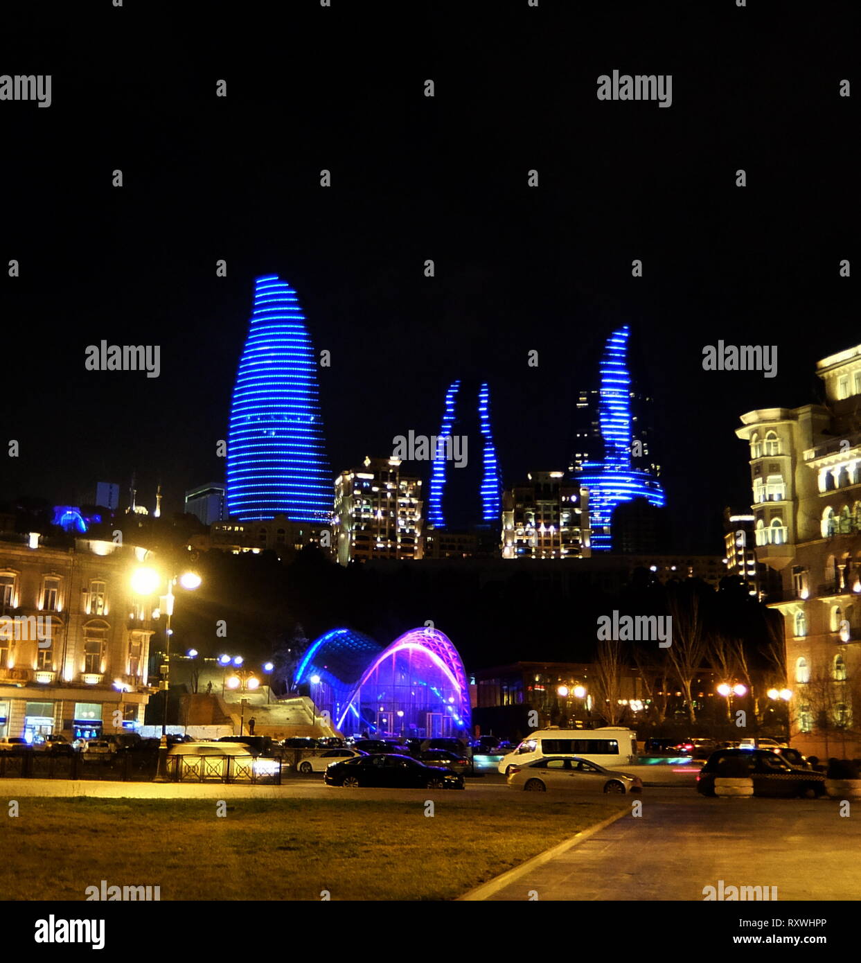 Flame Towers, a trio of skyscrapers in Baku, Azerbaijan. with a height ...