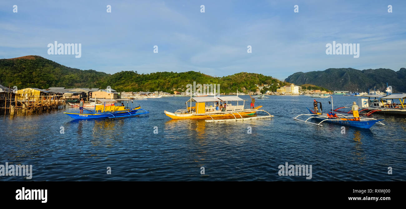 Coron, Philippines - Apr 8, 2017. Small boats at jetty in Coron Island ...