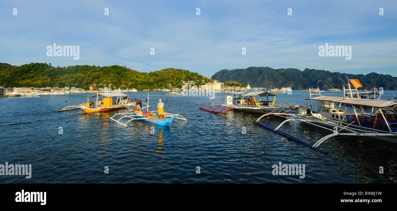 Coron, Philippines - Apr 8, 2017. Small boats at jetty in Coron Island ...
