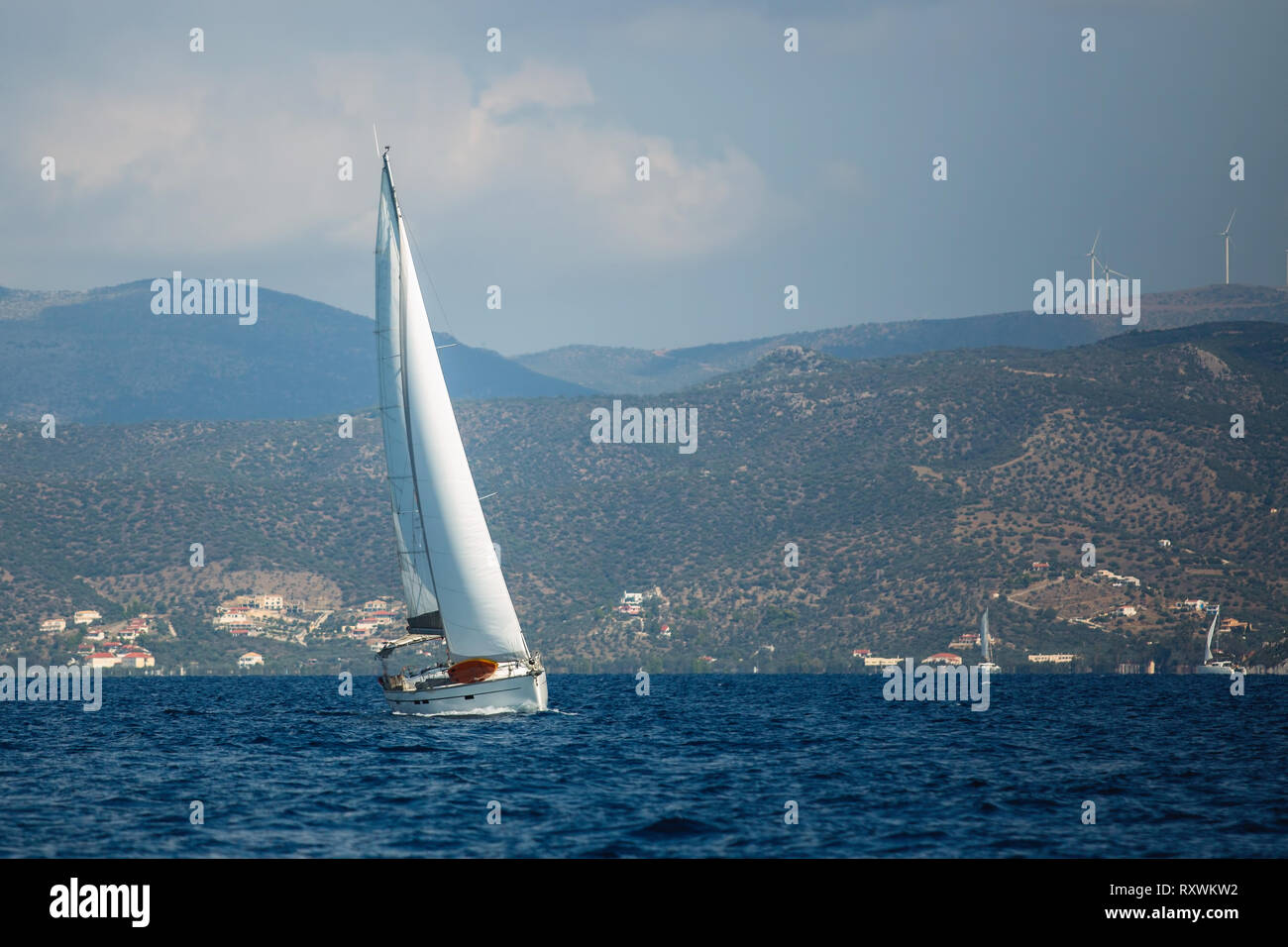Greece sailing yacht boat at the Aegean Sea. Luxury cruise yachting ...