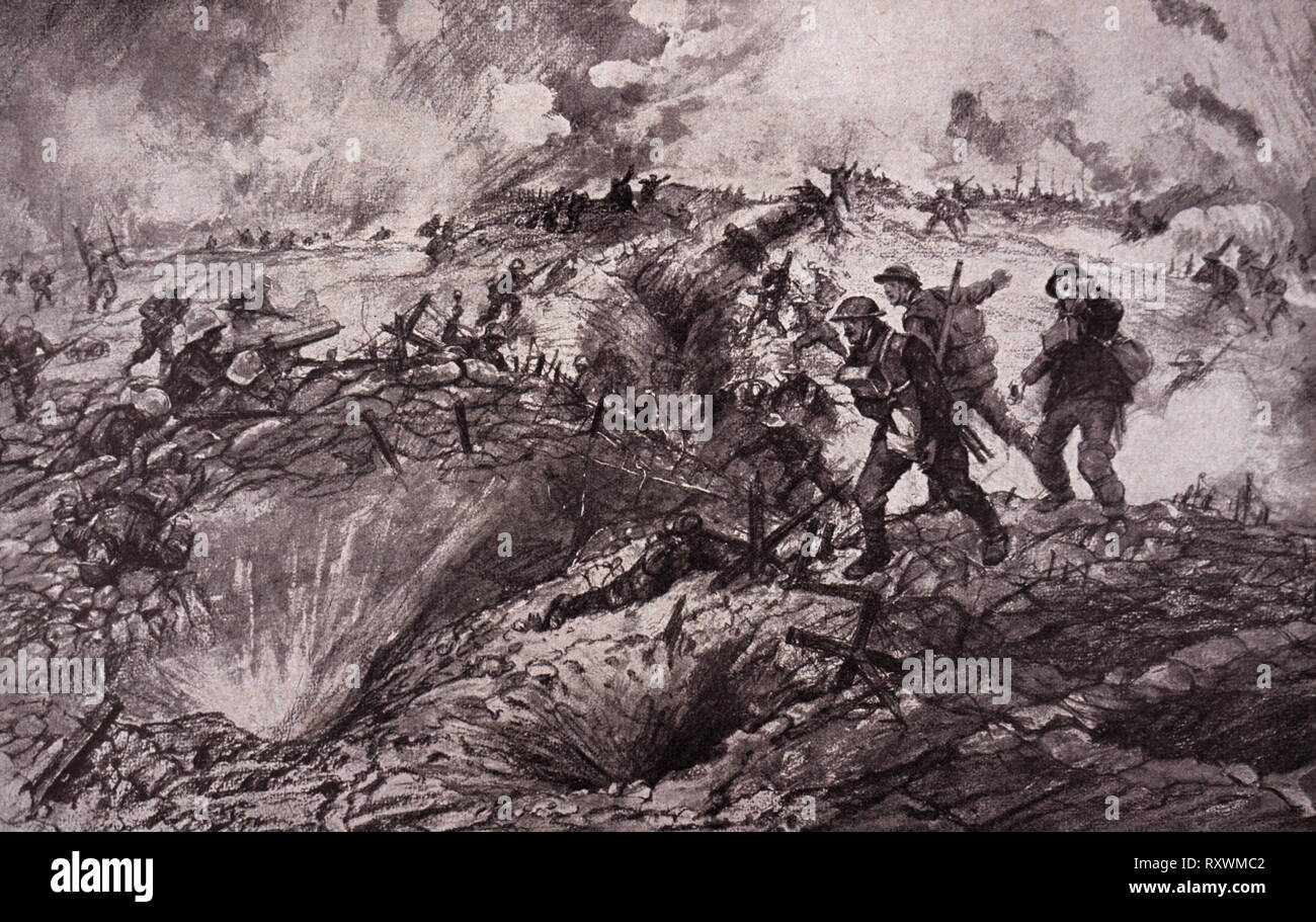 British infantry attack a German gun position in a trench during World ...