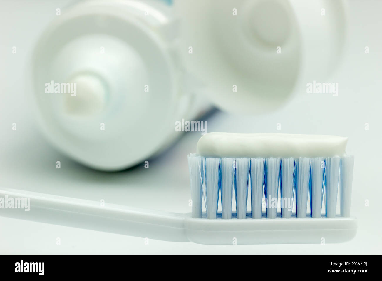 Close up Toothbrush and toothpaste tube on a white background. Suitable ...