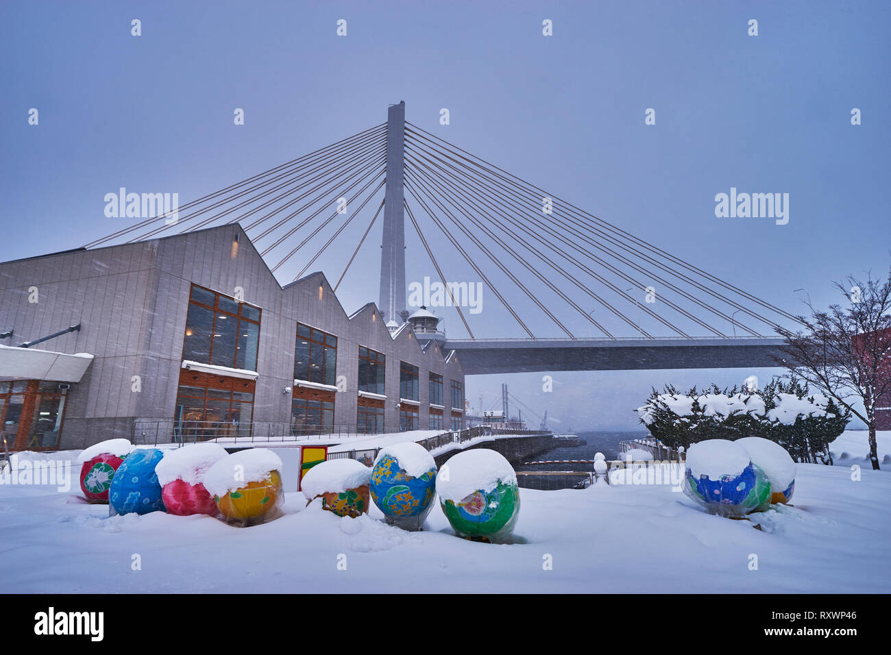 A beautiful of the longest Aomori bay bridge in Aomori prefecture in ...