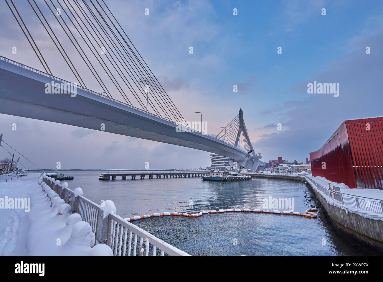 A beautiful of the longest Aomori bay bridge in Aomori prefecture in ...
