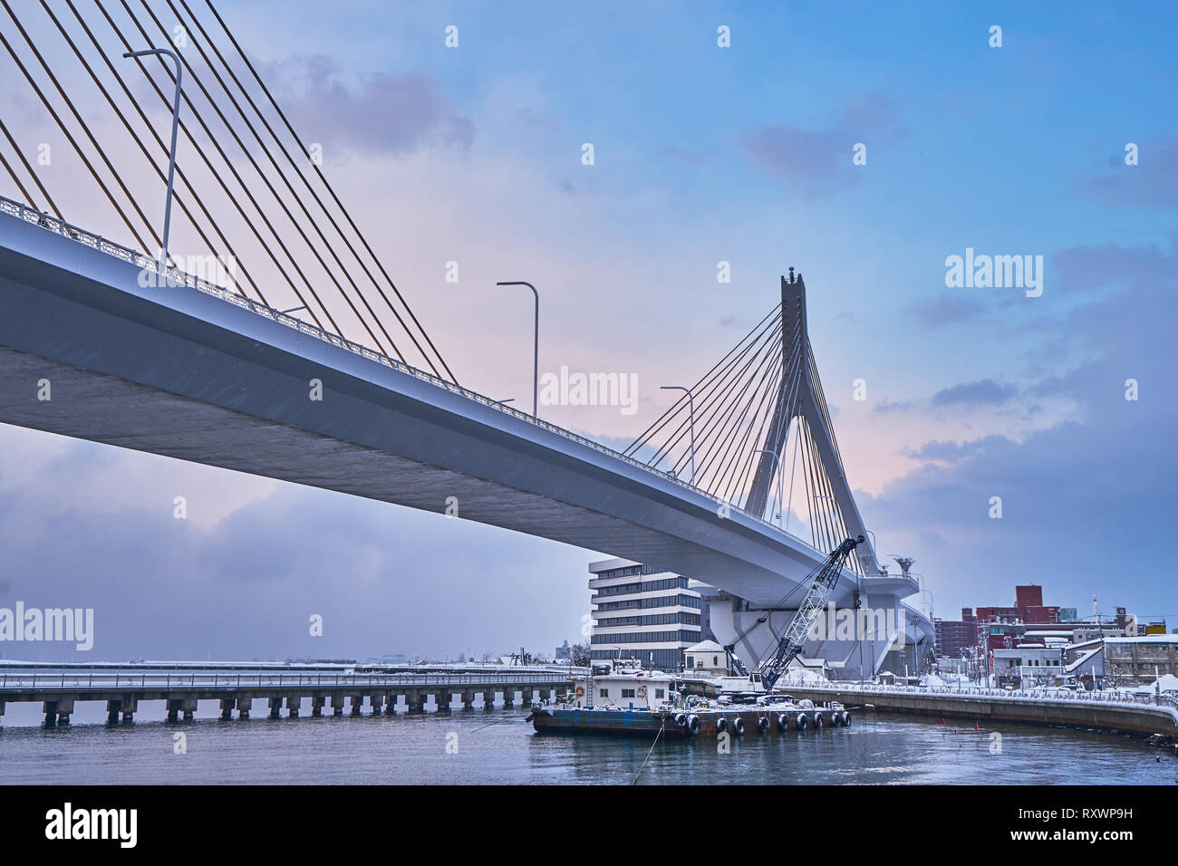 A beautiful of the longest Aomori bay bridge in Aomori prefecture in ...