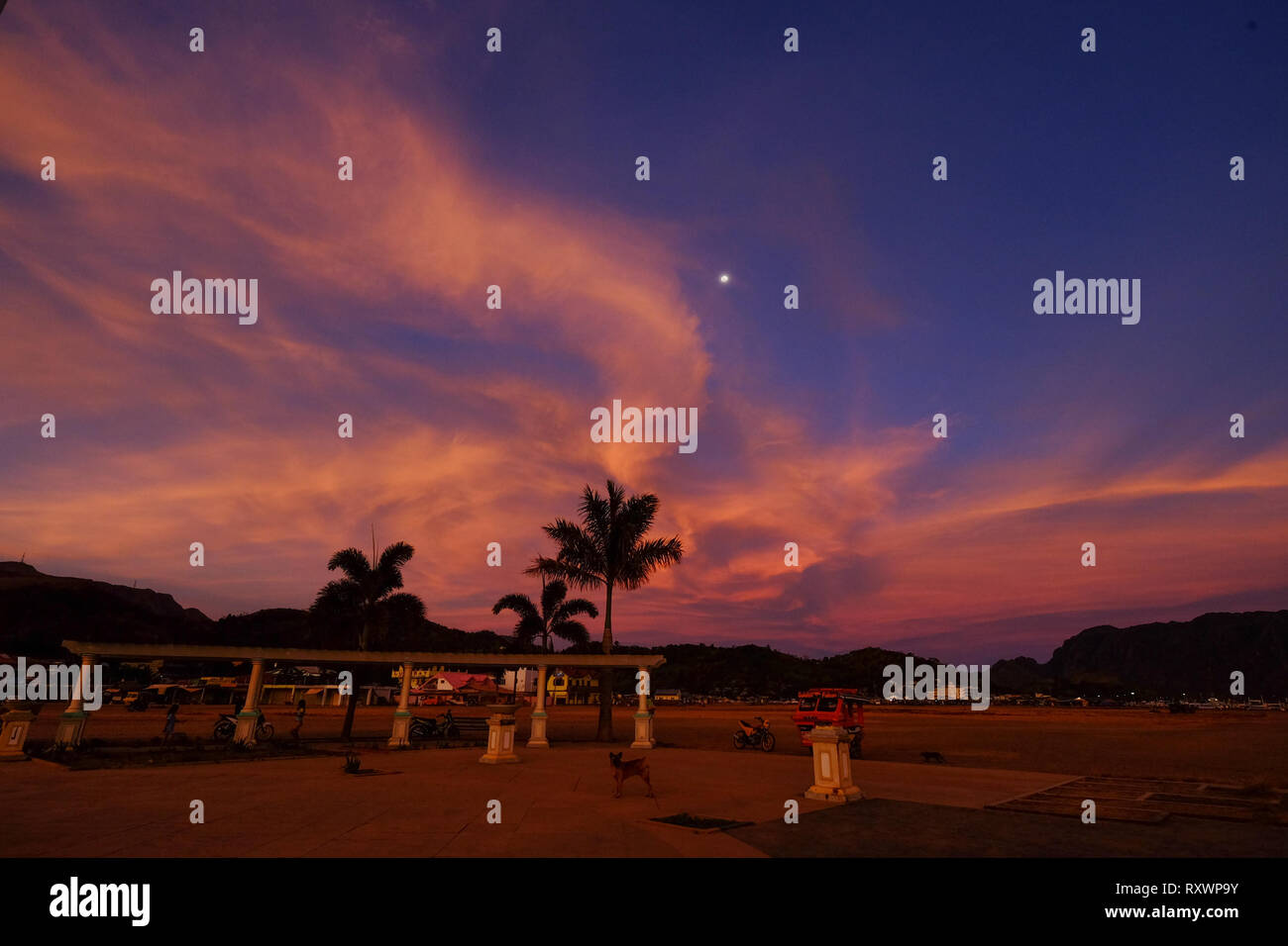 Orange sunset landscape of Coron Main Pier, Palawan Island, Philippines ...