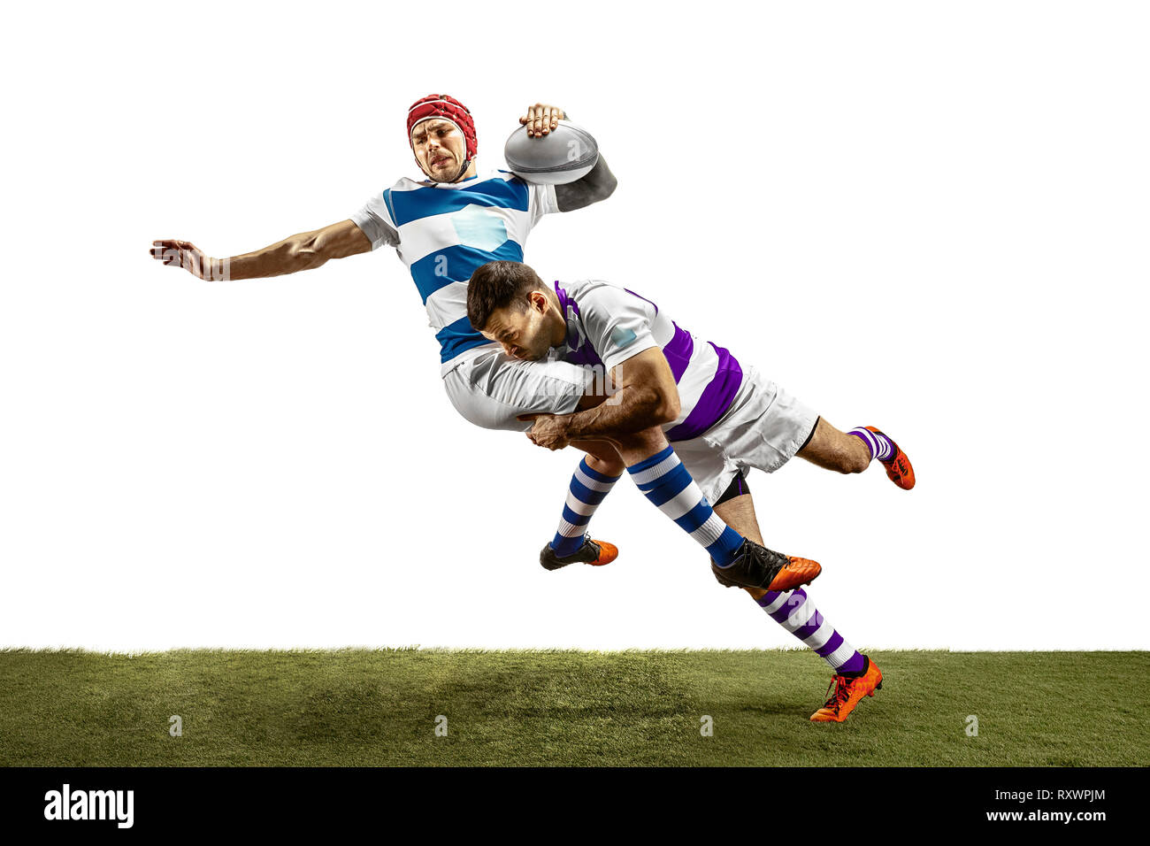 The silhouette of two caucasian rugby male players isolated on white ...