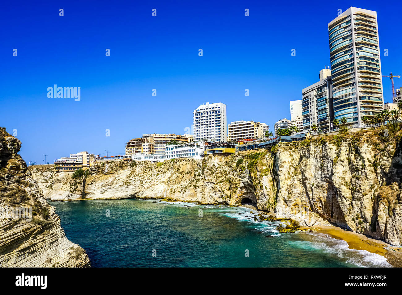 Beirut Raouche Pigeons Rock with Highrises and Sea View Stock Photo - Alamy
