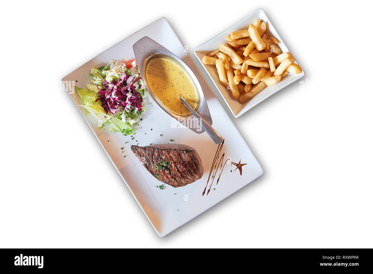 White background and plate with grilled steak view from above Stock ...