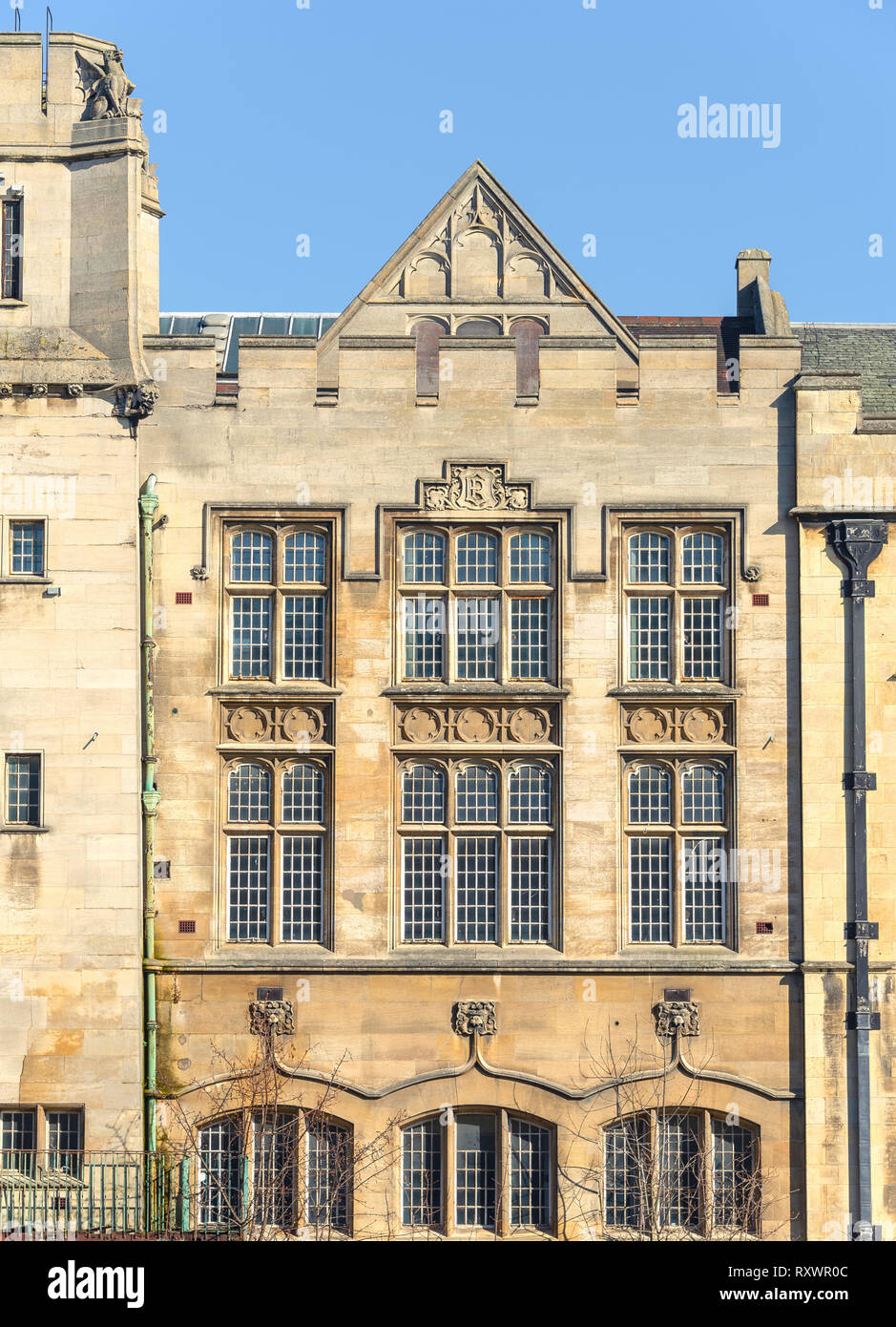Close-up of the 15th Century Guildhall in York. The widows are set in ...
