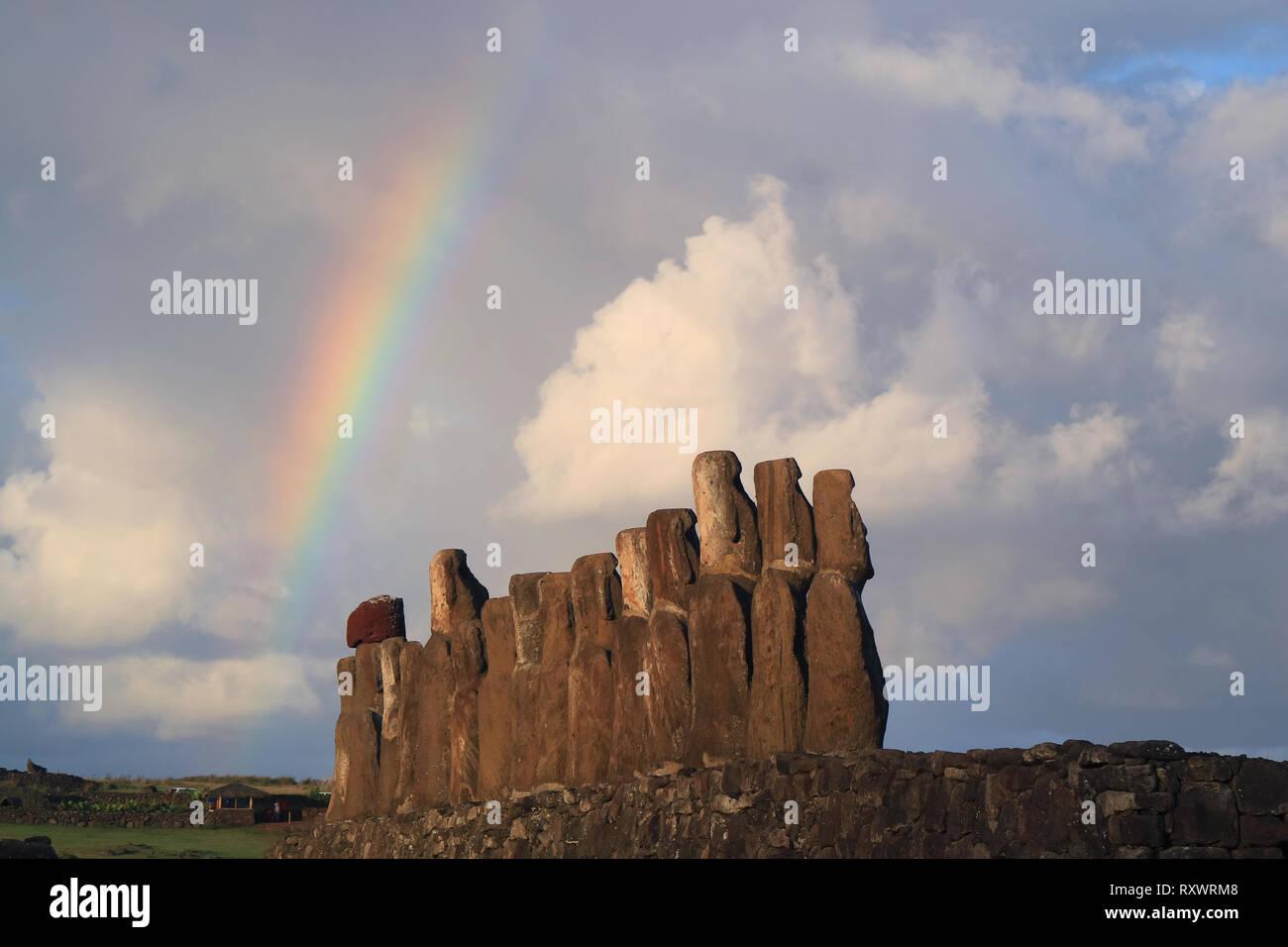 Rainbow over 15 gigantic Moai statues of Ahu Tongariki, Archaeological ...