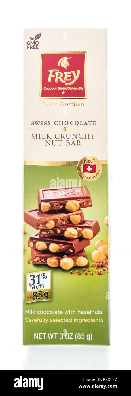 Winneconne, WI - 8 March 2019: A package of Frey swiss chocolate milk ...