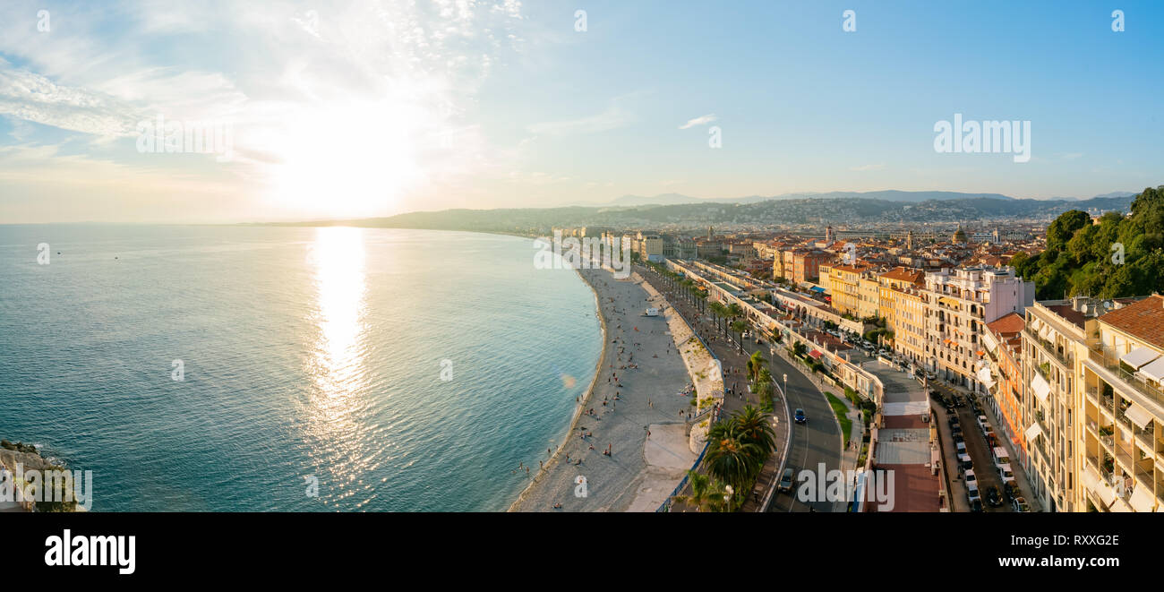 Aerial sunset view of the famous Angel's Bay, Nice at France Stock ...