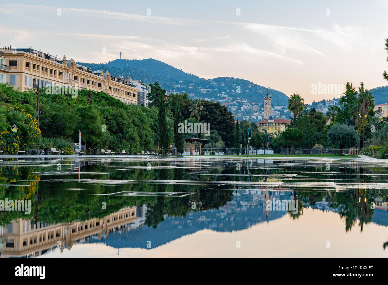 Promenade du Paillon park with beautiful reflection at Nice, France ...