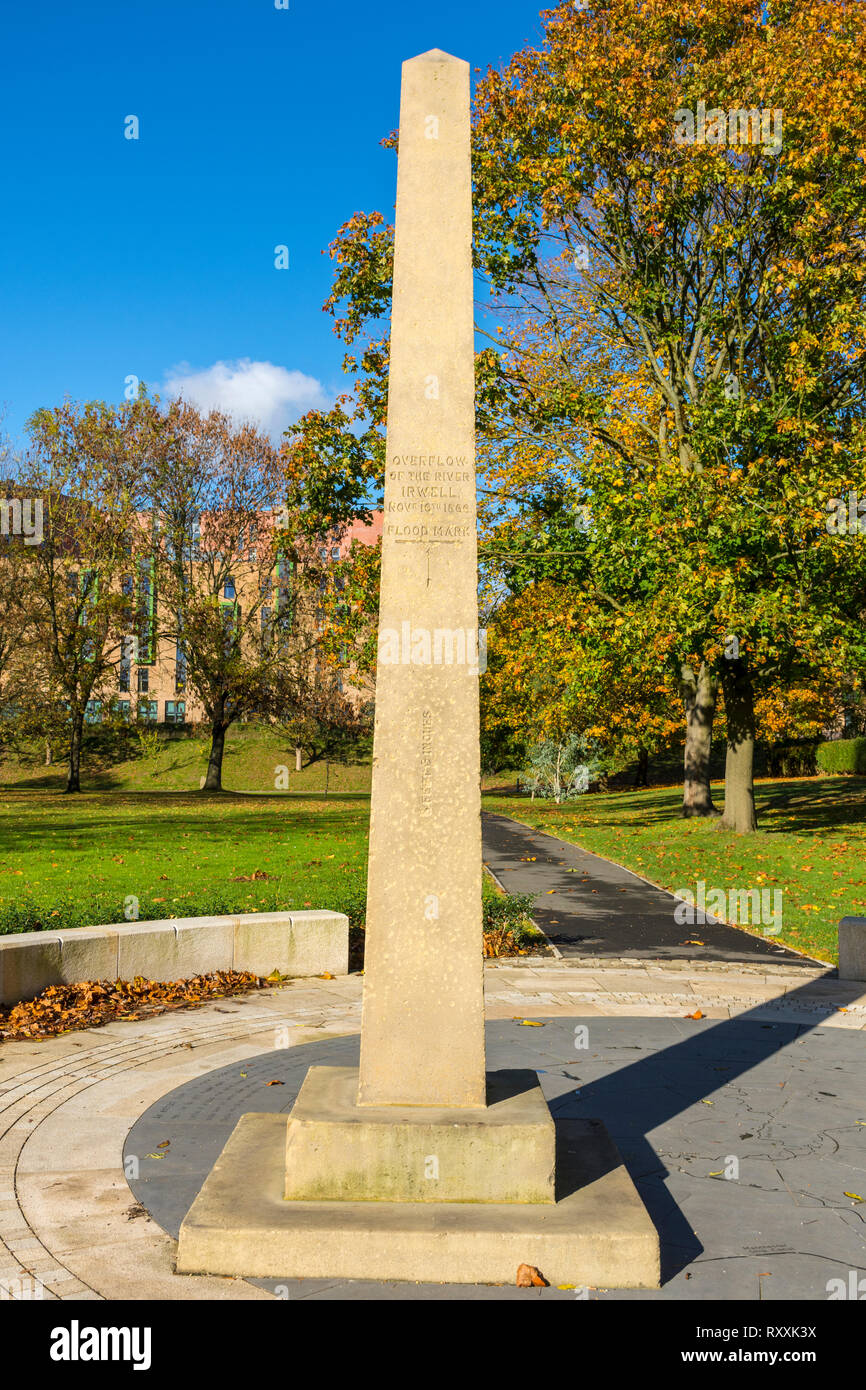 Obelisk showing the height of the Nov. 1866 flood of the River Irwell ...