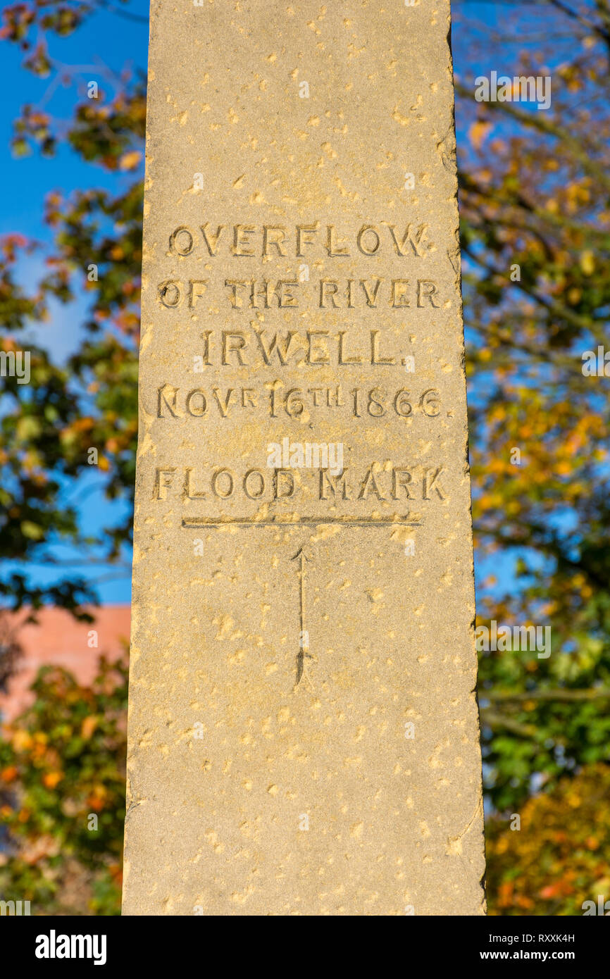 Obelisk showing the height of the Nov. 1866 flood of the River Irwell ...
