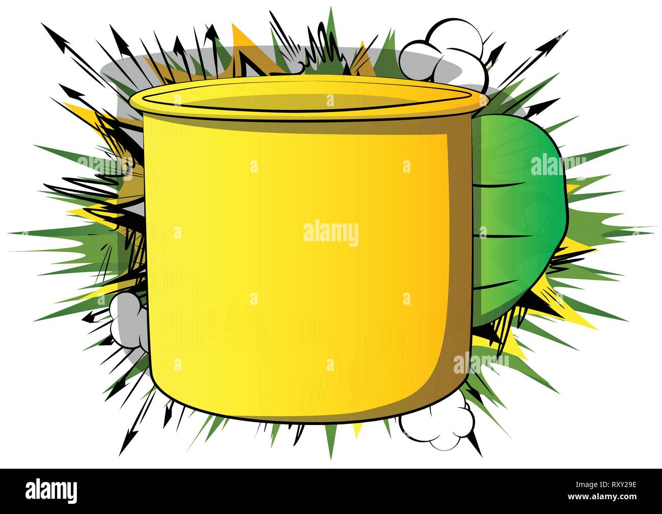 Vector cartoon hand holding big mug. Illustrated hand on comic book ...