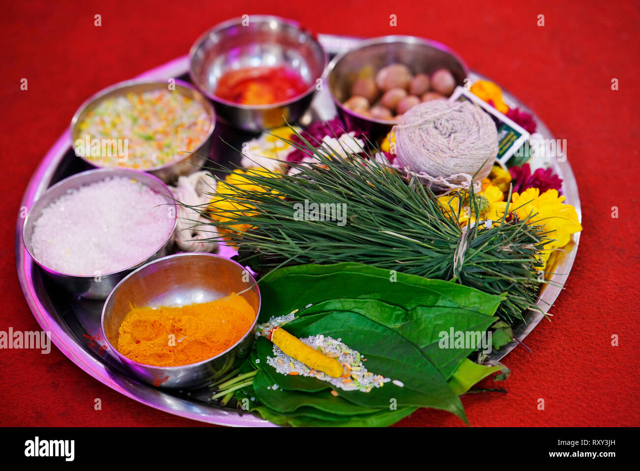 Prayer or puja plate with auspicious essentials for ceremony Stock ...