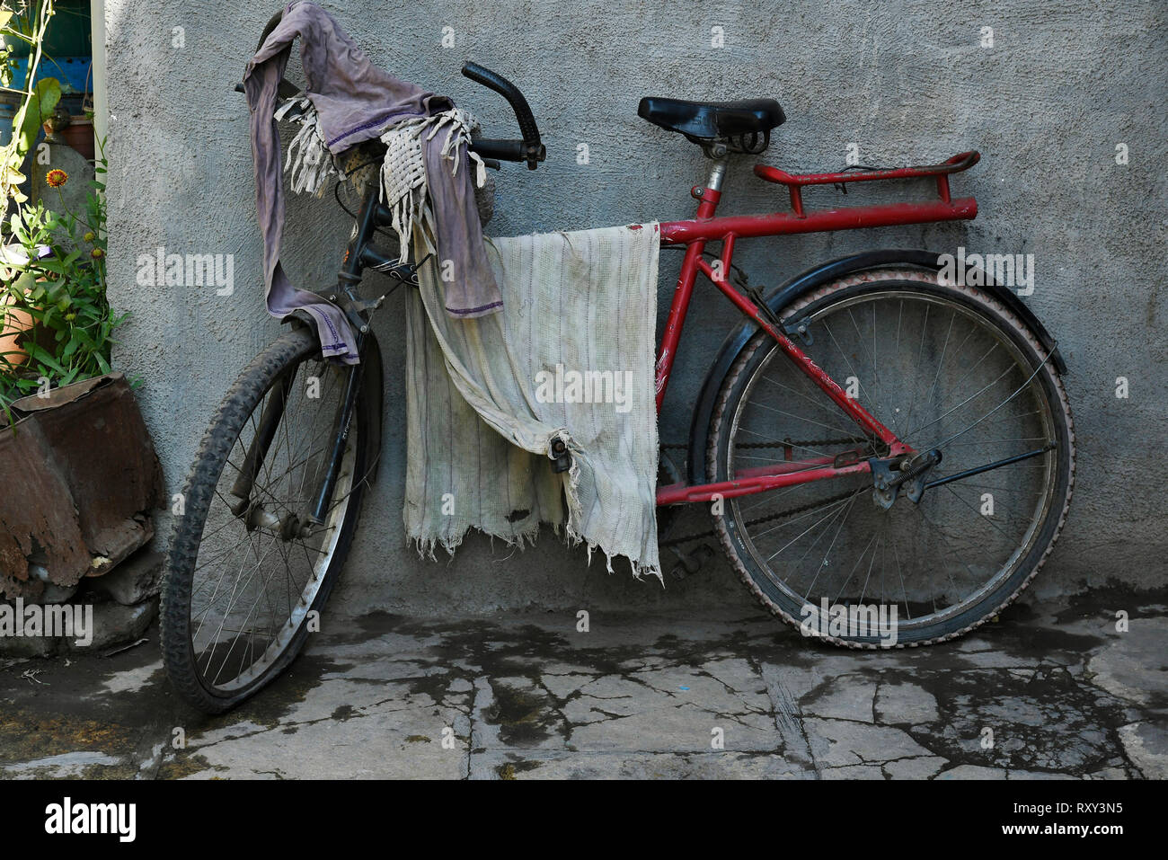 A bicycle used to dry the clothes in village Palashi, Parner ...