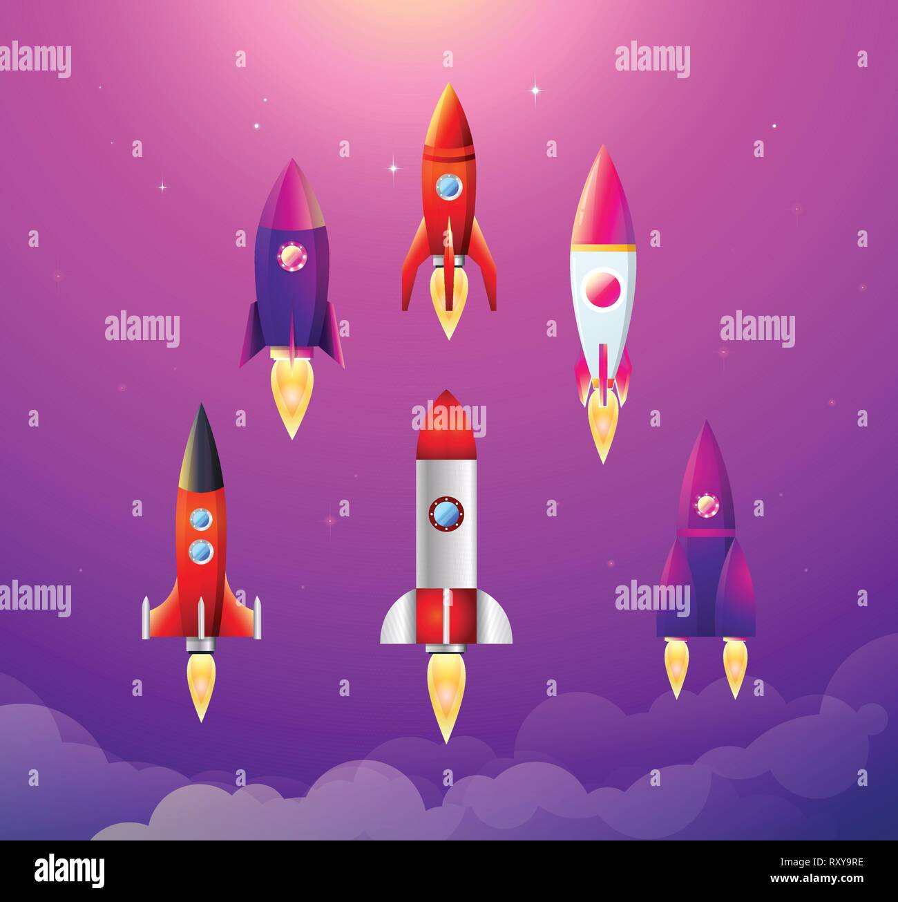 Vector illustration. 6 flat icons with varicolored rocket ships ...