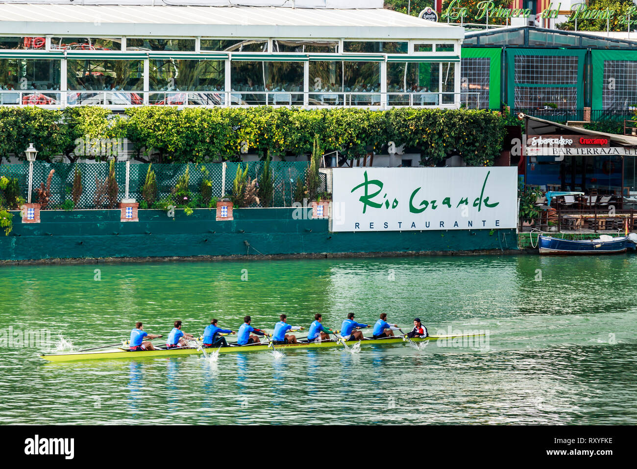 Seville, Spain - Dec 2018: Eight person rowing boat with a coxswain in ...