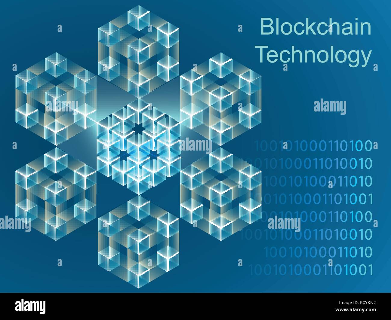 Blockchain concept slider banner design with isometric blocks chain illustration and text vector ...