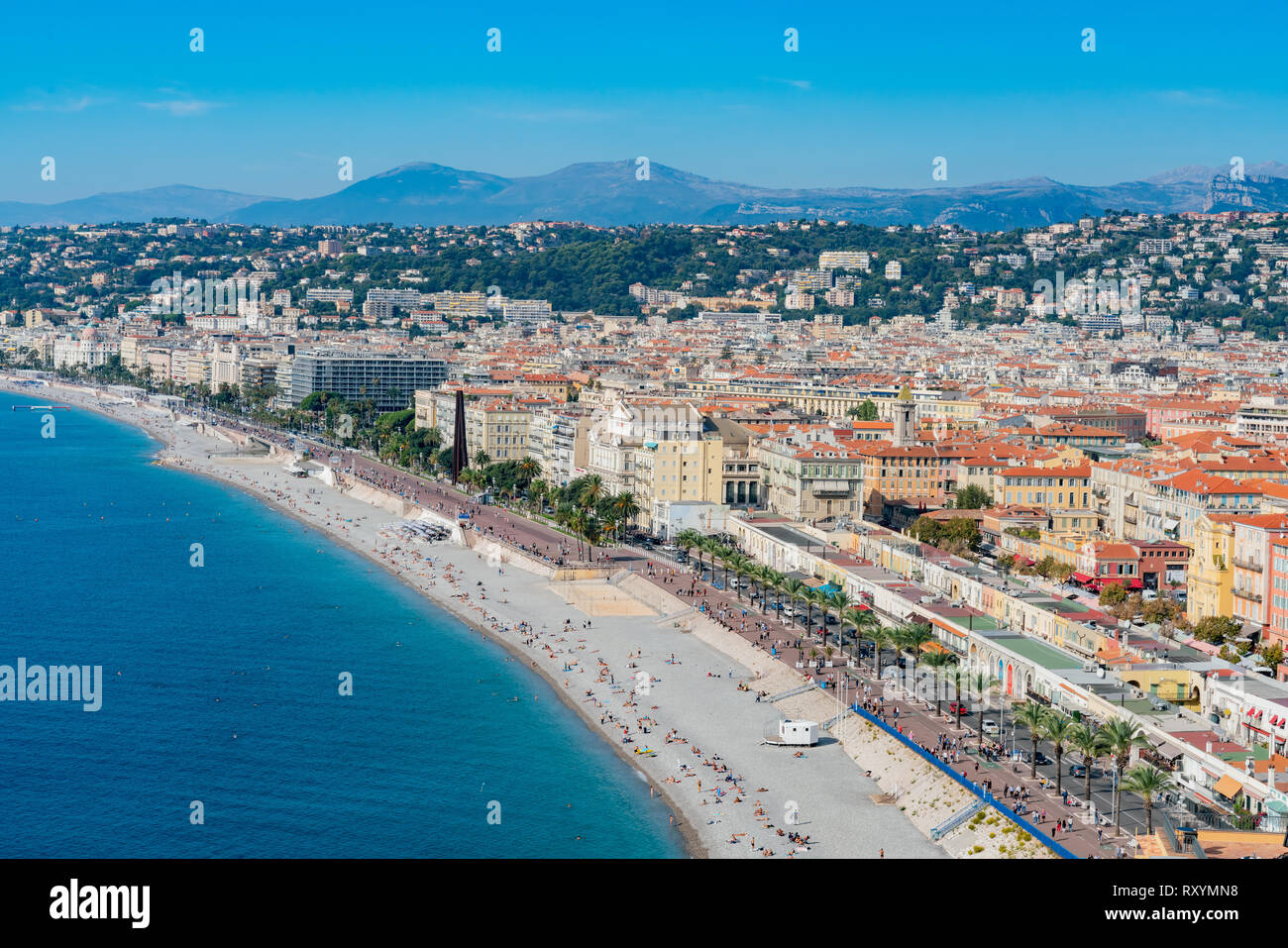 Aerial morning view of the famous Angel's Bay with downtown cityscape ...