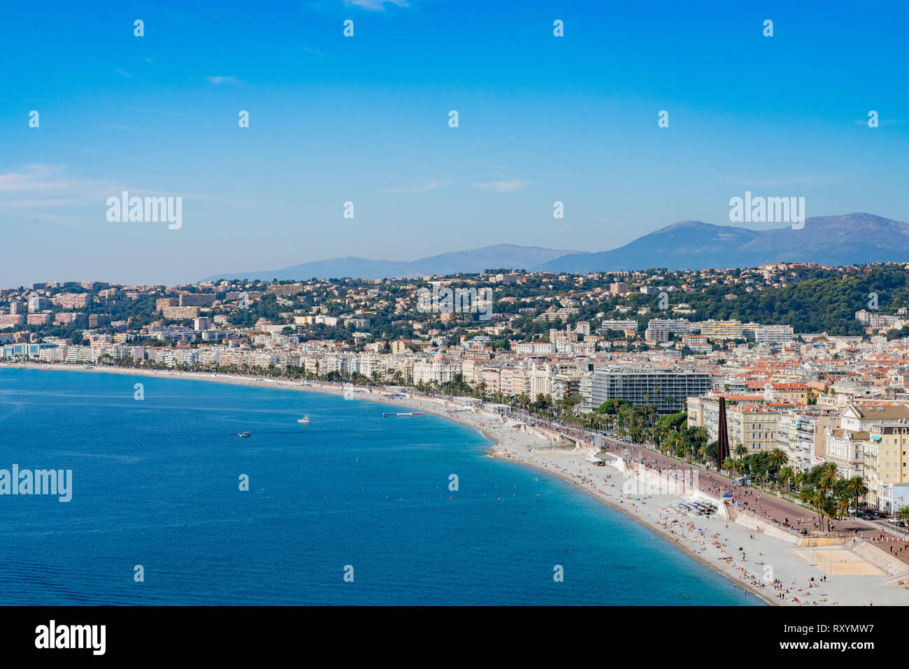 Aerial morning view of the famous Angel's Bay with downtown cityscape ...