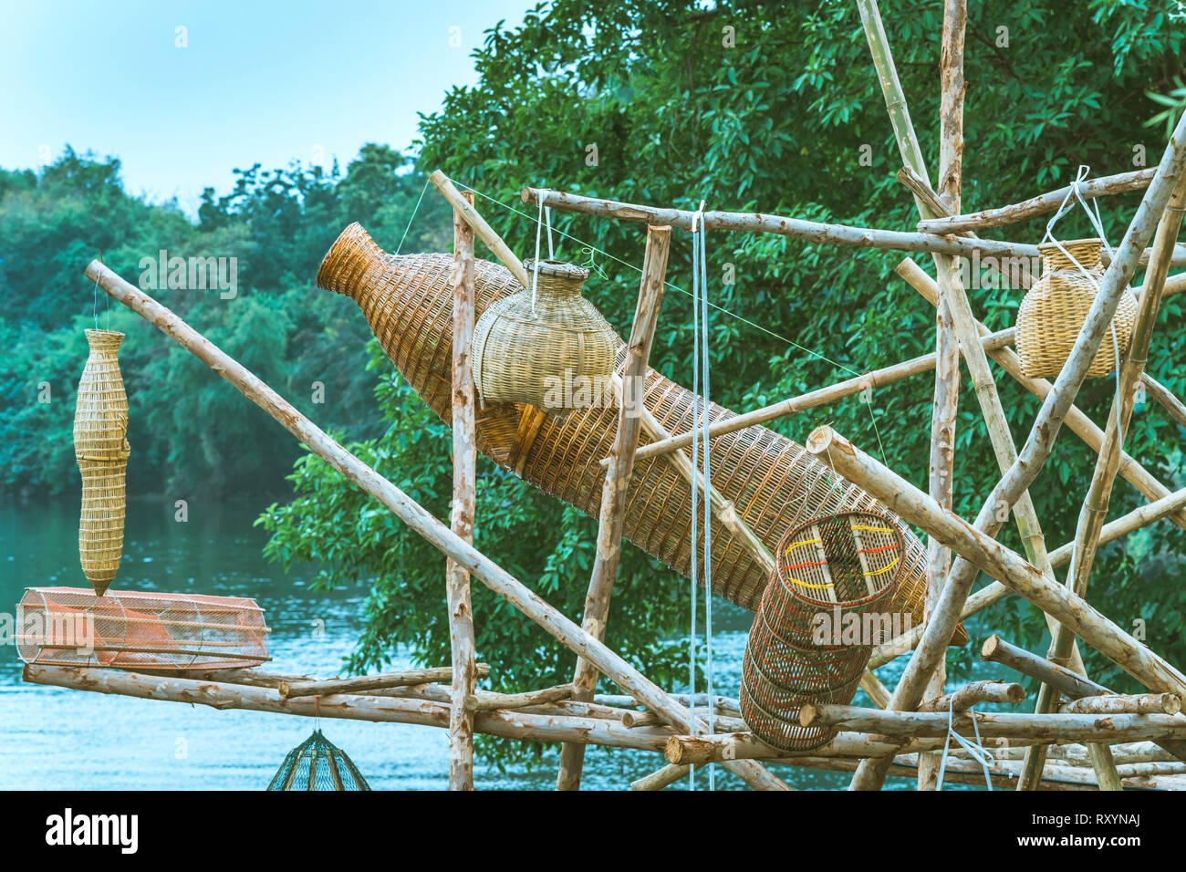 Ancient bamboo fish trap equipment of countryside, Thailand Stock Photo ...