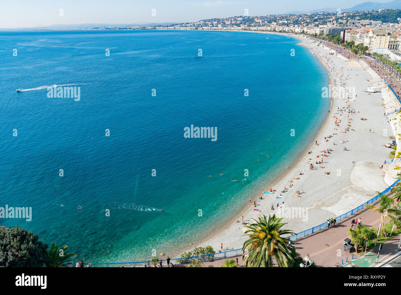 Aerial morning view of the famous Angel's Bay with downtown cityscape ...