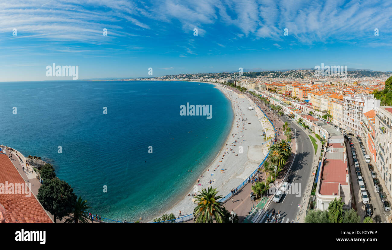 Aerial morning view of the famous Angel's Bay with downtown cityscape ...