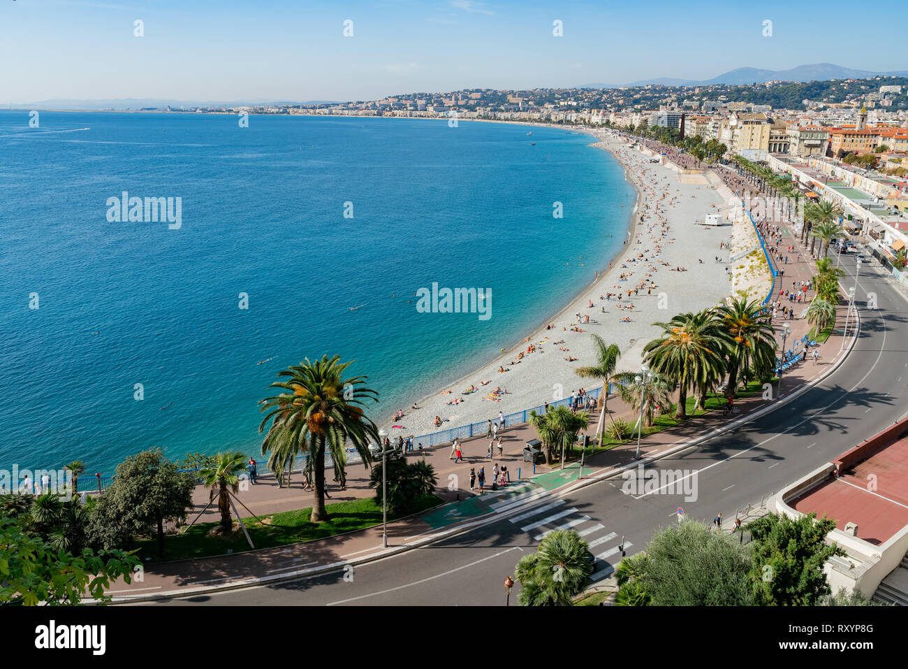 Aerial morning view of the famous Angel's Bay with downtown cityscape ...